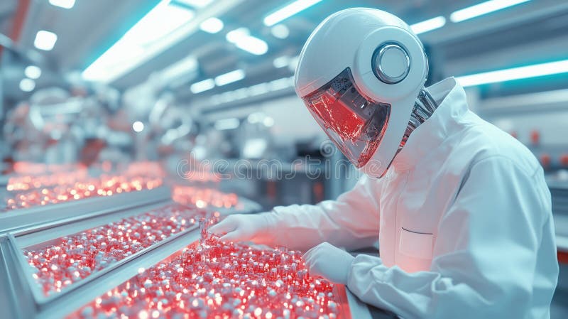 Humanoid Robot in Lab Coat Assembling Red Components with Precision ...