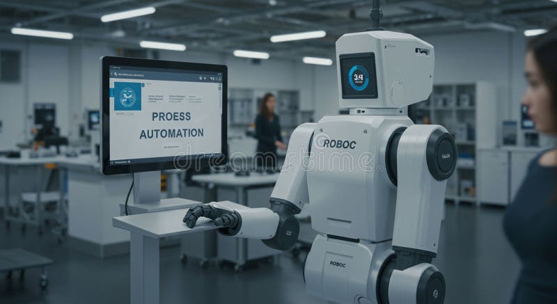 A Humanoid Robot Labeled "ROBOC" Stands in a Modern Laboratory or ...