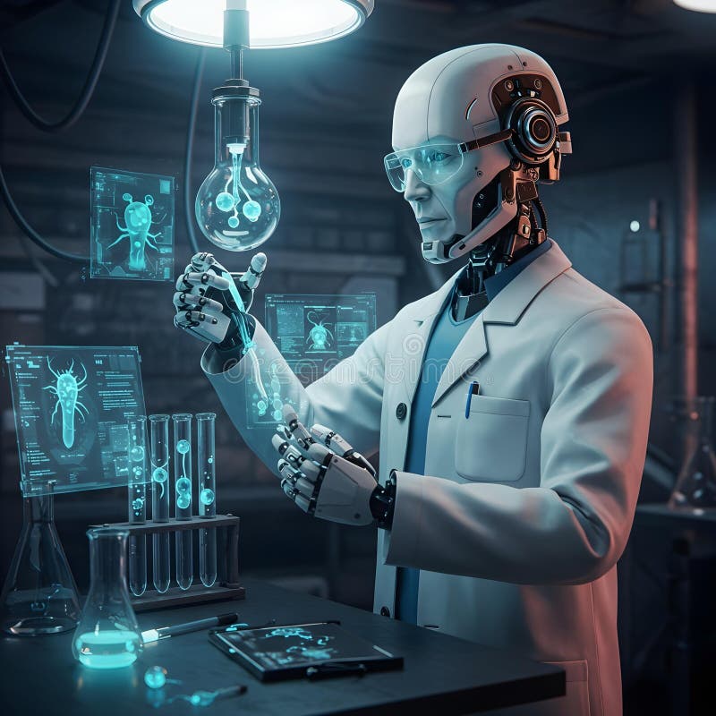 Cybernetic Scientist Analyzing a Futuristic Robotic Hand. Generative AI ...