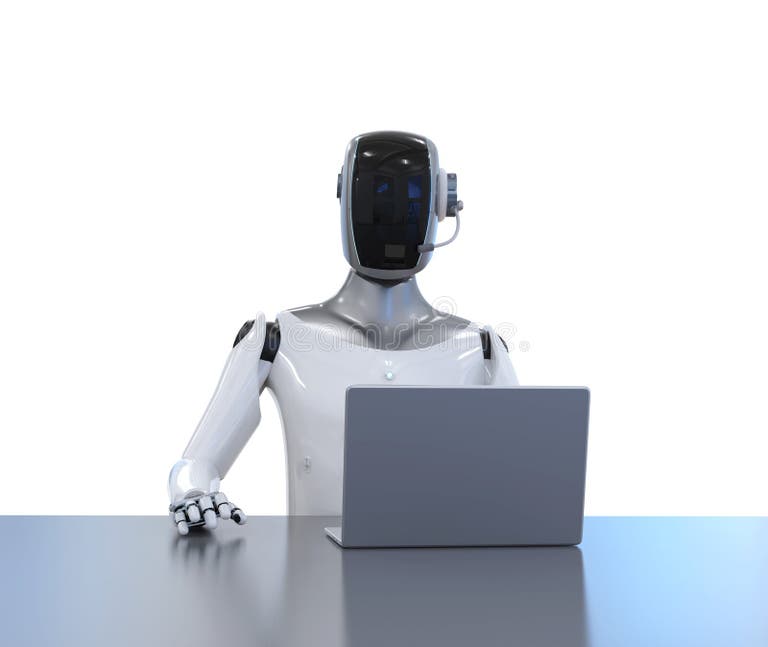 Humanoid Robot with Laptop Computer Isolated on White Stock ...