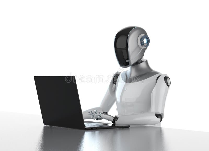 Humanoid Robot with Laptop Computer Isolated on White Stock ...