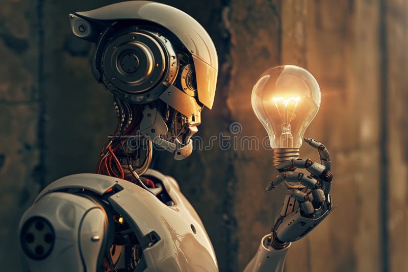 Humanoid Robot with Light Bulb Stock Illustration - Illustration of ...