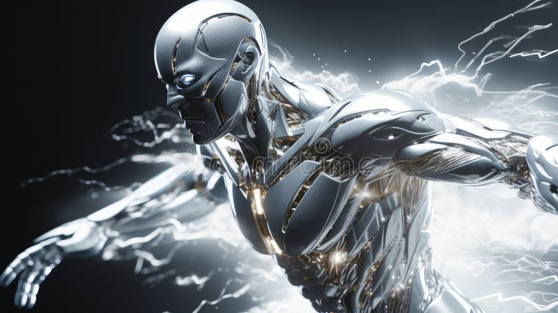 High-tech Robot with Silver Energy Splash in the Form of Lightning, AI ...