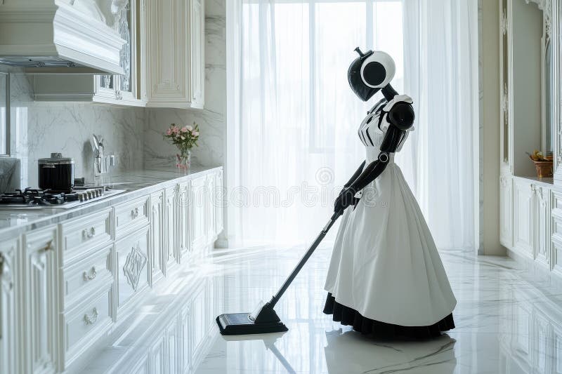 A Humanoid Robot in a Maid Outfit Cleaning a Modern Kitchen Stock ...