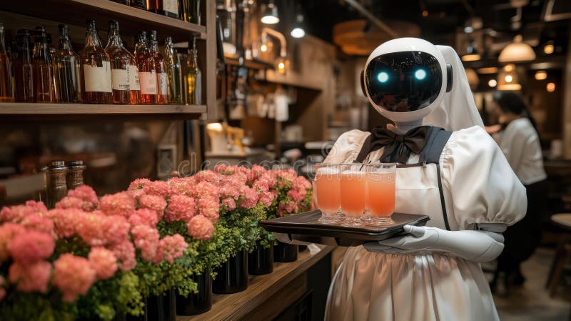 Humanoid Robot in Maid Outfit Serves Drinks in Cozy Bar Setting Stock ...