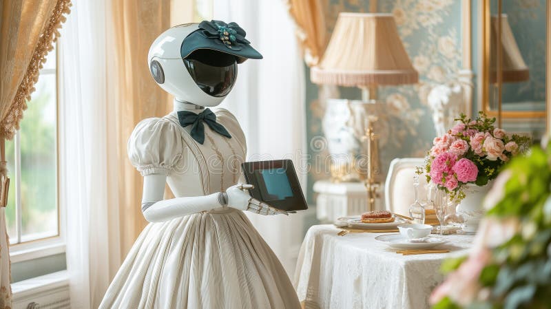 Humanoid Robot Maid Setting Dining Table in Elegant Room Stock ...