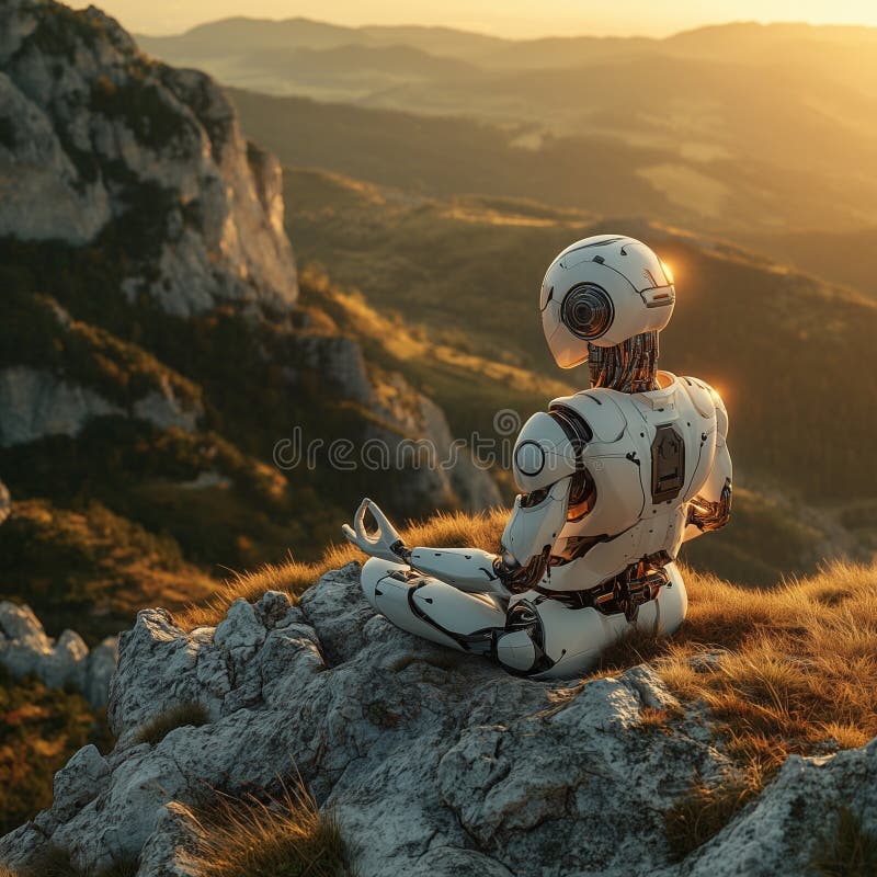 Humanoid Robot Meditating on a Mountain Peak at Sunrise, AI Generated ...