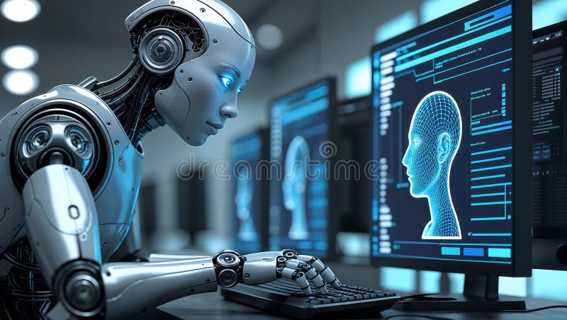 Humanoid Robot with Metallic Body Interacting with Computer at Desk ...