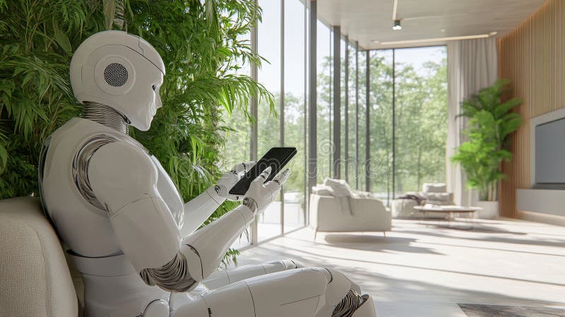 Humanoid Robot in a Modern Home with Biophilic Design, Relaxing with ...