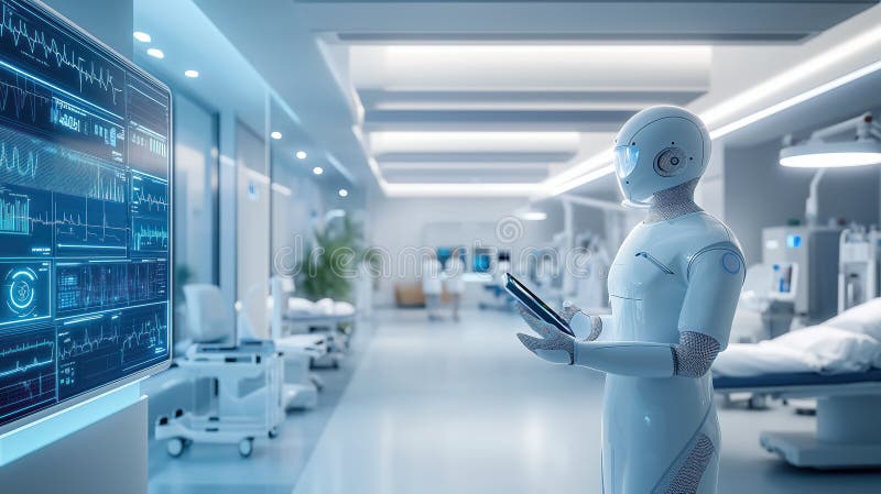 Humanoid Robot in Modern Hospital Analyzing Patient Data on a Digital ...