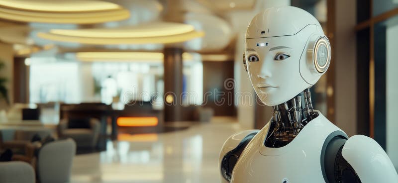 Humanoid Robot in Modern Lobby Showcasing Advanced Technology and ...