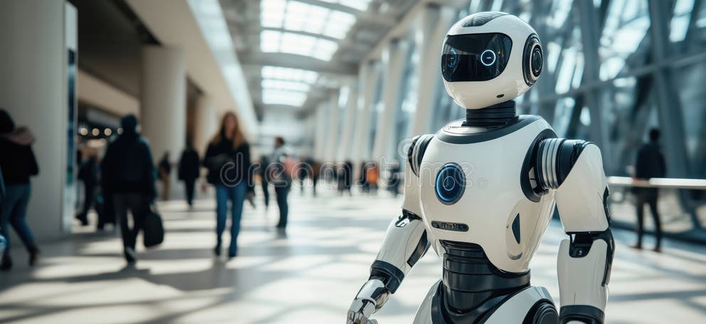 Humanoid Robot Navigating Busy Modern Atrium, Showcasing Advanced ...