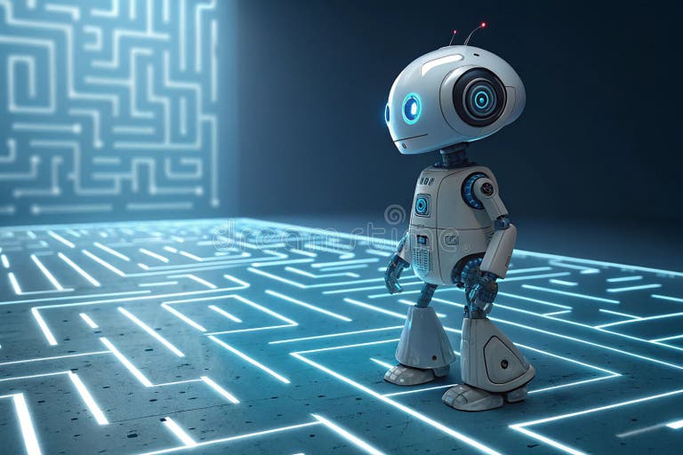 Humanoid Robot Navigating Iridescent Labyrinth with Glowing Stock ...