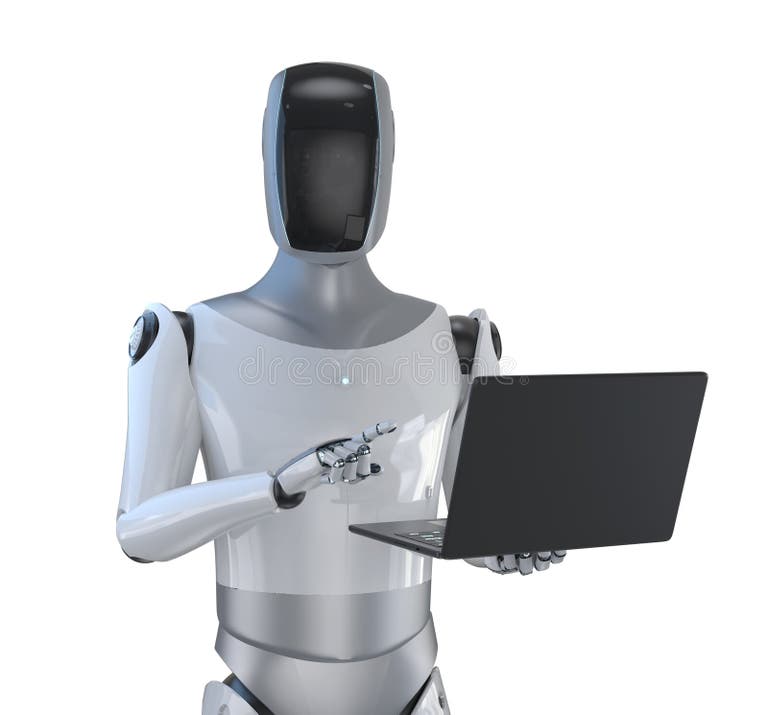 Humanoid Robot with Notebook Computer Isolated on White Stock ...