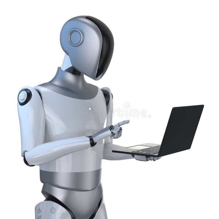 Humanoid Robot with Notebook Computer Isolated on White Stock ...
