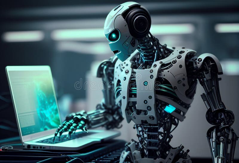 Humanoid Robot Office Worker Who Has Obtained a Job Working on Laptop ...