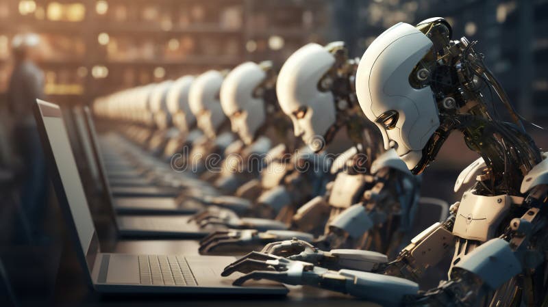 Humanoid Robot Office Workers Working on a Laptop Computer Stock ...