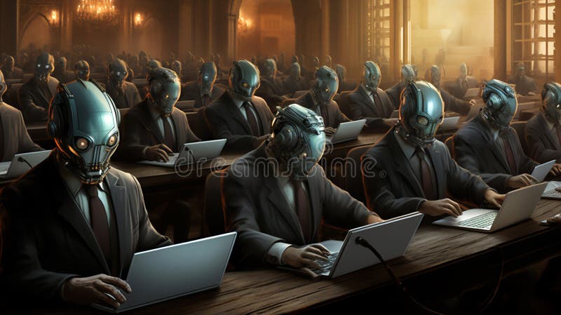 Humanoid Robot Office Workers Working on a Laptop Computer Stock ...