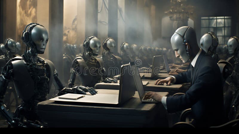 Humanoid Robot Office Workers Working on a Laptop Computer Stock ...