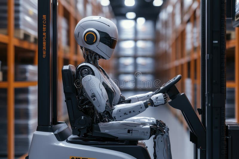 Humanoid Robot Operates Forklift To Move Crates in Large Warehouse ...