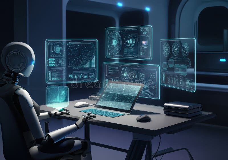 A Humanoid Robot Operates a Futuristic Workstation Stock Illustration ...