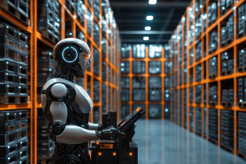 Humanoid Robot Operates Robotic Forklift in a Large Warehouse Moving ...