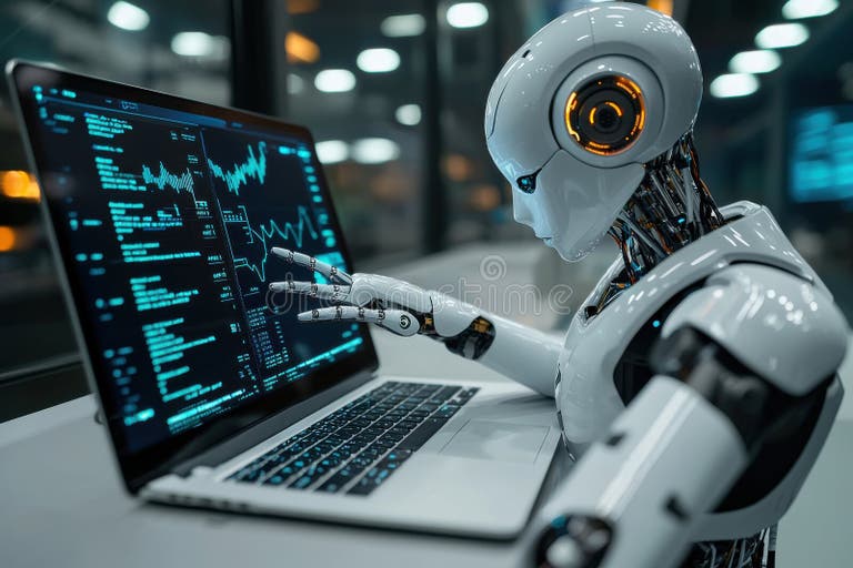 Humanoid Robot Operating a Laptop in a High-Tech Environment Stock ...