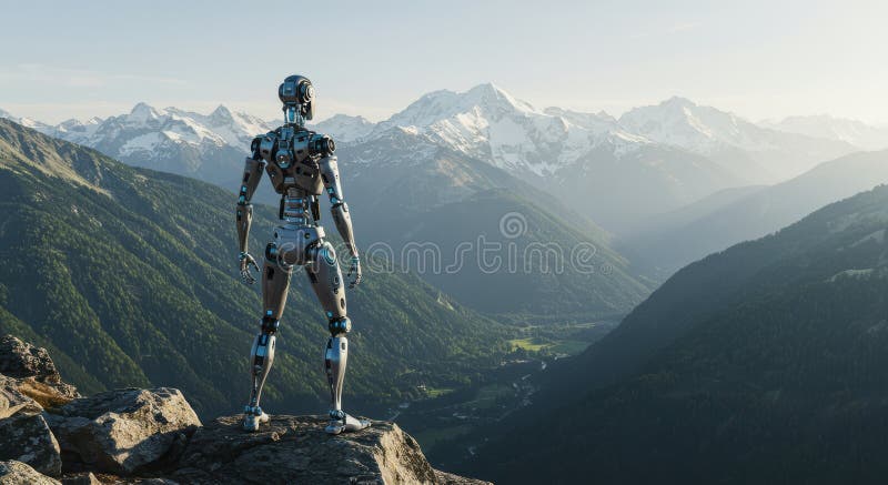 Humanoid Robot Overlooking Mountain Landscape with Snow-capped Peaks ...