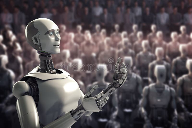 Humanoid Robot Performs from Podium in Front of Audience. Future ...