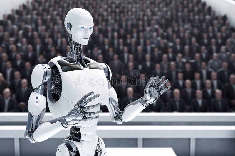 Humanoid Robot Performs from Podium in Front of Audience. Future ...