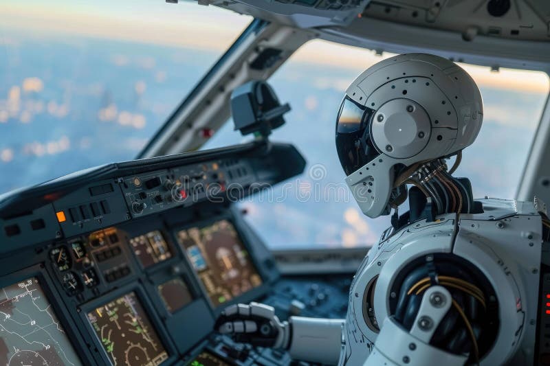 Humanoid Robot Pilot Sits at the Dashboard of the Plane. Robot Pilot ...