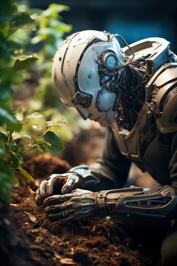A Humanoid Robot is Planting Trees in the Ground. the Concept of ...