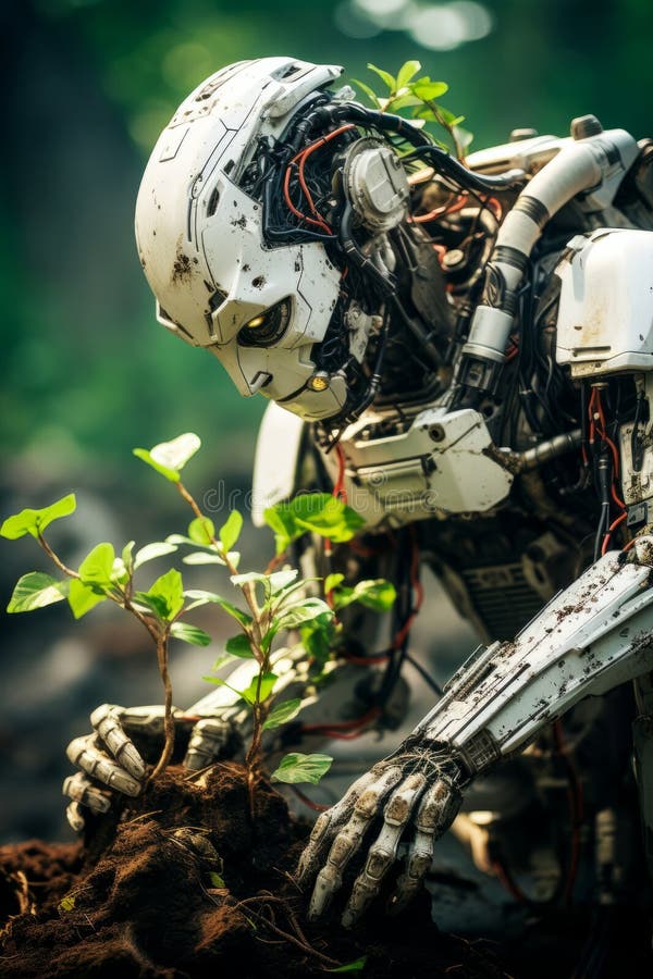 A Humanoid Robot is Planting Trees in the Ground. the Concept of ...