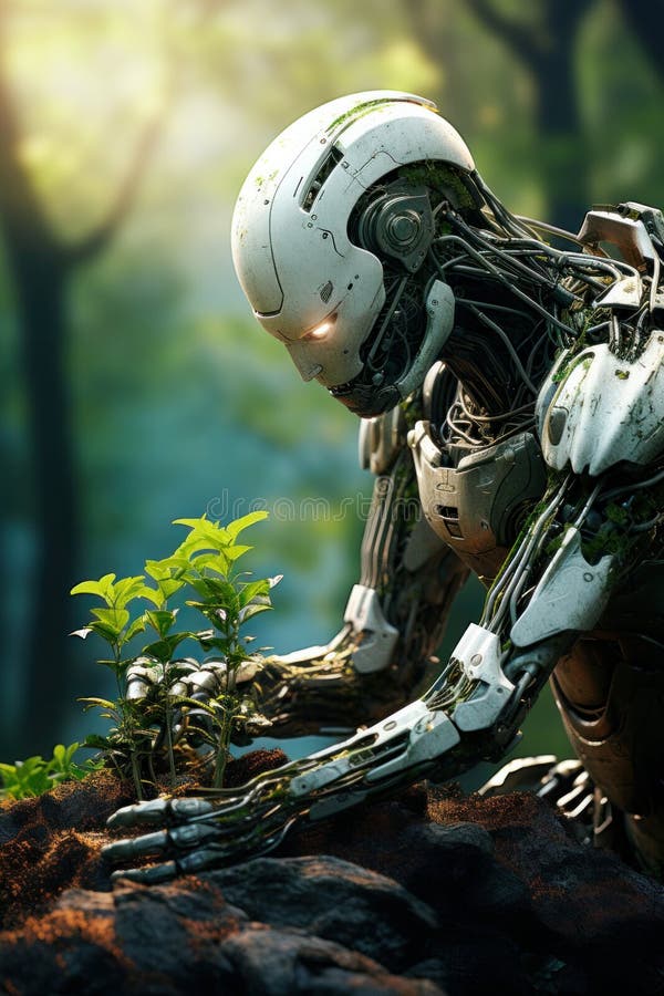A Humanoid Robot is Planting Trees in the Ground. the Concept of ...