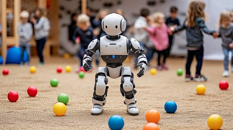 Humanoid Robot in a Play Area with Colorful Balls, Interacting with ...