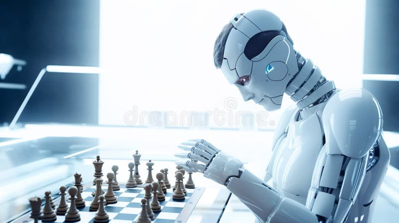 Robot with Artificial Intelligence is Playing Chess at the Table ...