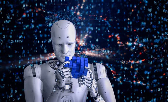 Humanoid Robot Playing Cube Puzzle Stock Illustration - Illustration of ...