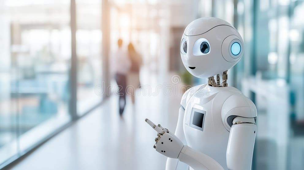 Humanoid Robot Points in Bright Office Corridor, Showcasing Advanced ...