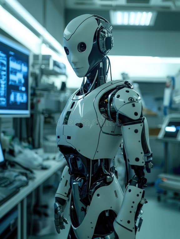 Robot Stands in Advanced Laboratory with Blinking Lights and Computer ...