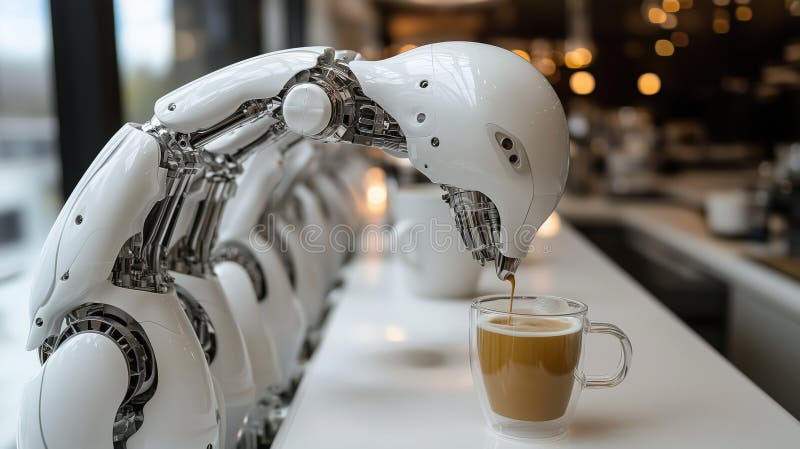 Humanoid Robot Pouring Coffee into Cup in Modern Cafe Setting Stock ...