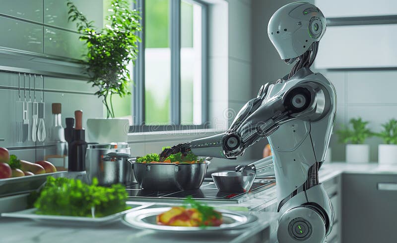 Humanoid Robot Prepares Salad in Modern Kitchen. Artificial ...
