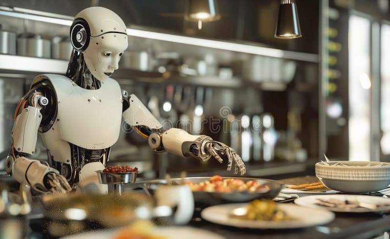 Humanoid Robot Prepares Salad in Modern Kitchen. Artificial ...