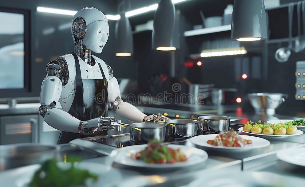 Humanoid Robot Prepares Salad in Modern Kitchen. Artificial ...