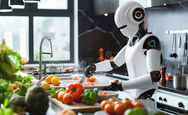 Humanoid Robot Prepares Salad in Modern Kitchen. Artificial ...