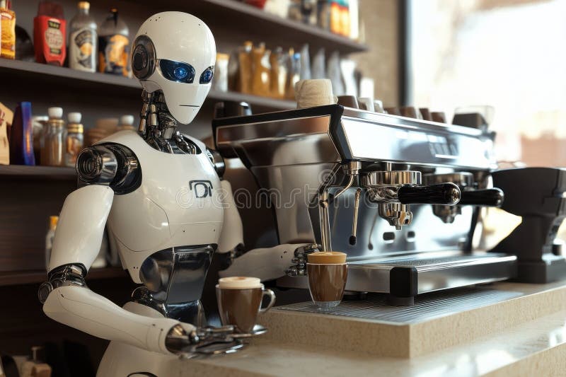 Robot Barista Serving Espresso Drinks Modern Cafe Setting Stock Photos ...