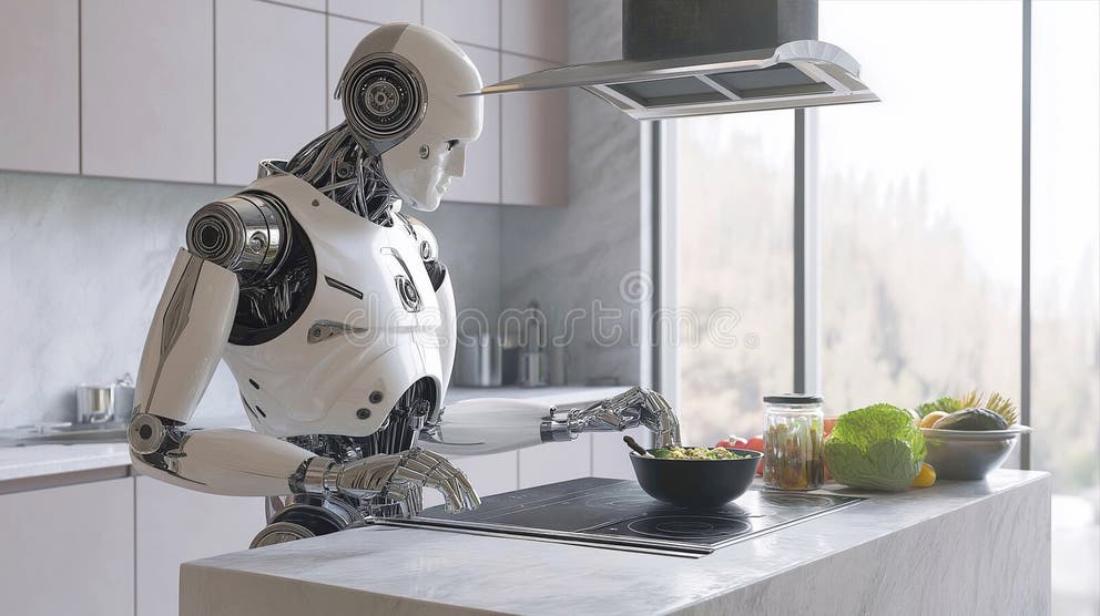 Humanoid Robot Prepares Vegetable Dish in Modern Kitchen. Stock ...