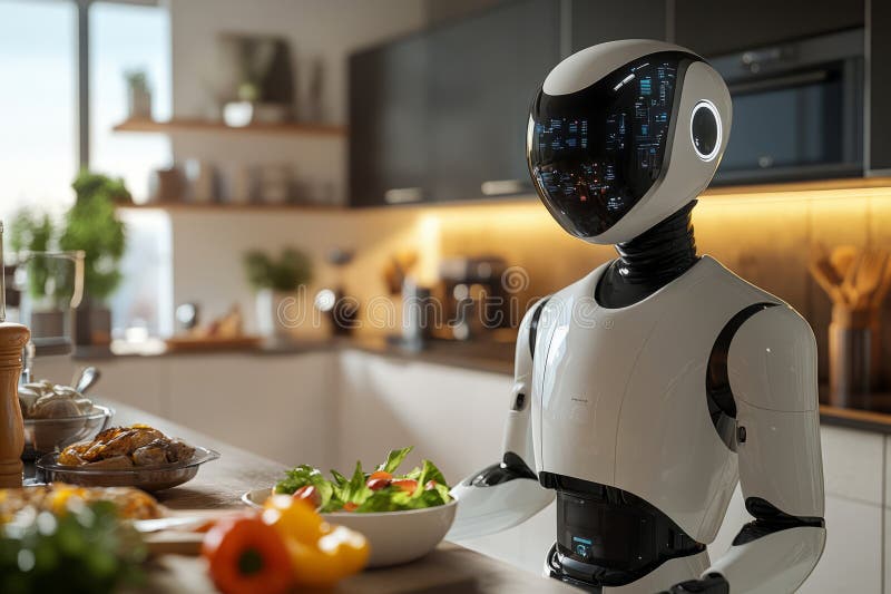 Humanoid Robot Prepares Vegetable Dishes in a Modern Kitchen Stock ...