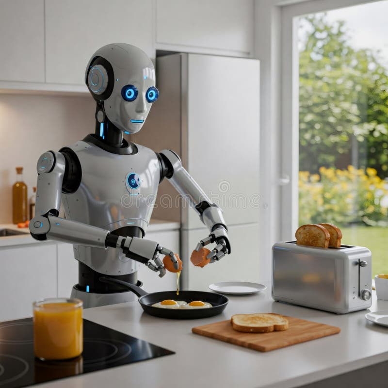 Domestic Robot Cooking Breakfast with Eggs and Toast in Modern Kitchen ...