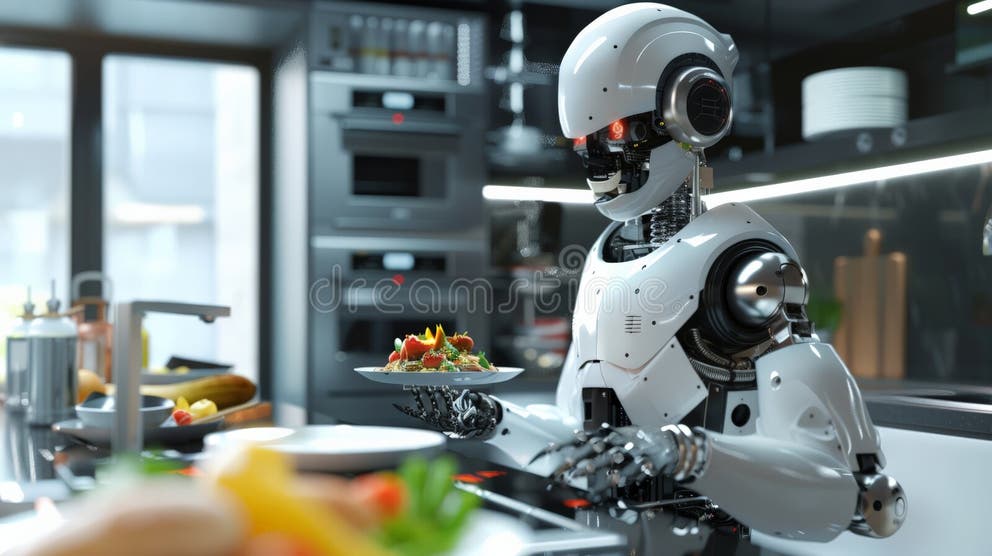 Humanoid Robot Presenting a Dish in a High-tech Kitchen. Advanced ...