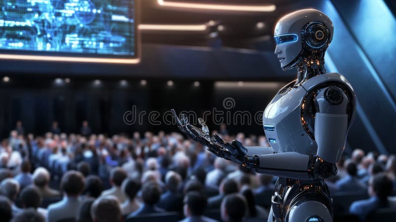 Humanoid Robot Presenting in Front of an Audience at a Technology ...